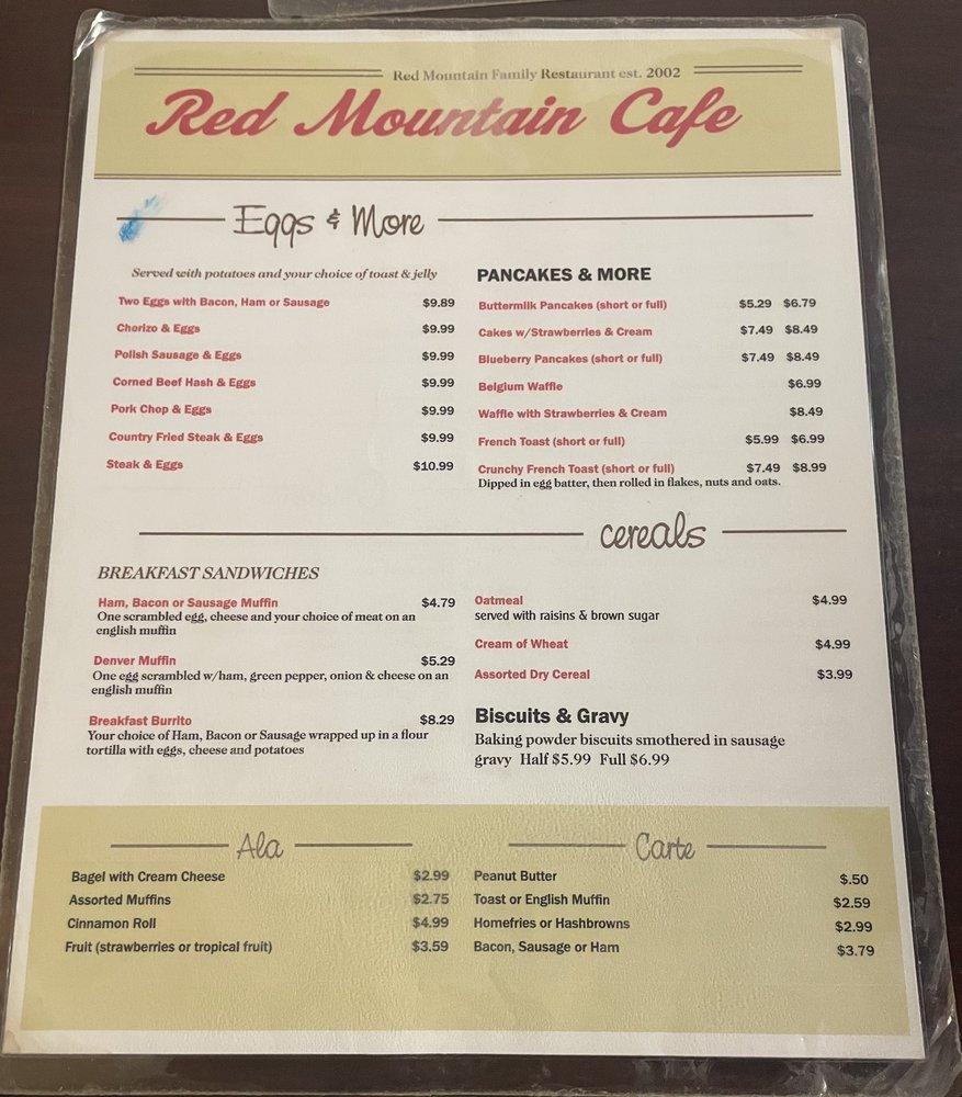 Menu at Red Mountain Cafe, Mesa