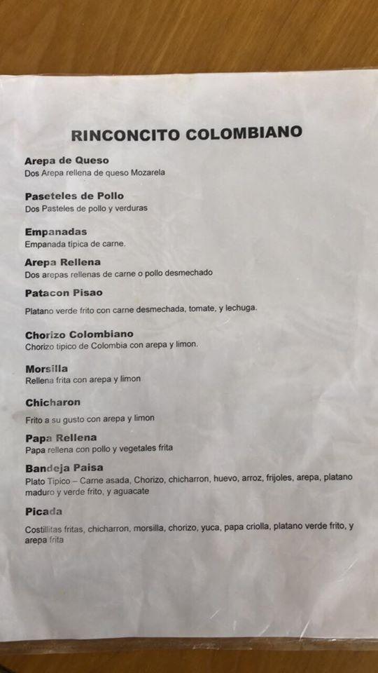 Menu at Rinconcito Colombiano restaurant, Harvey