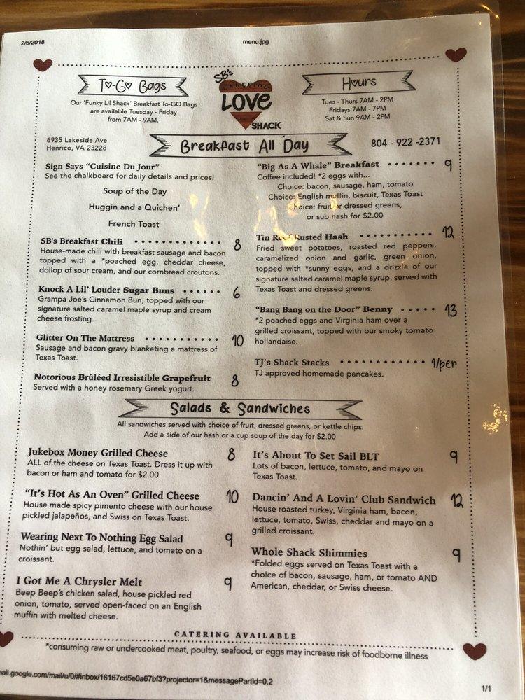 Menu at SB's Lakeside Love Shack restaurant, Richmond