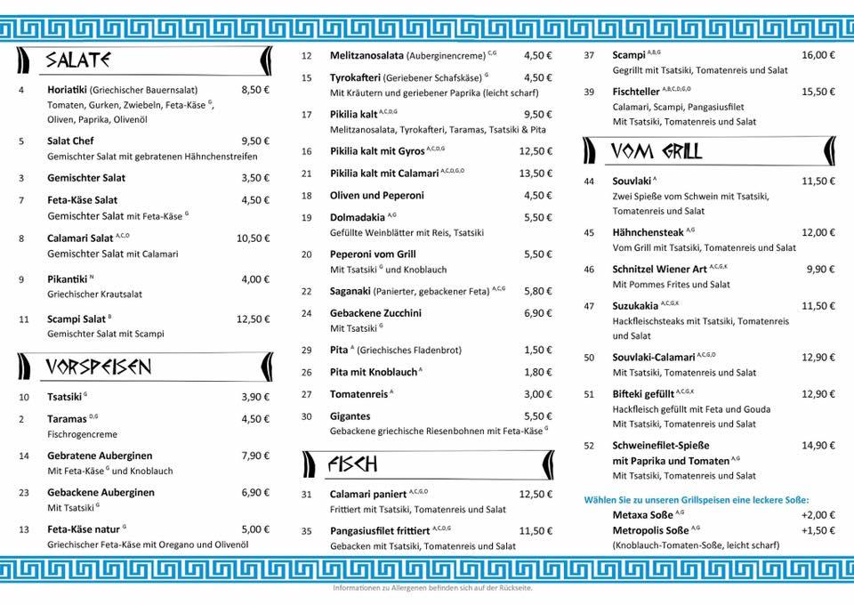 Menu au Taverna Metropolis restaurant, Nittenau