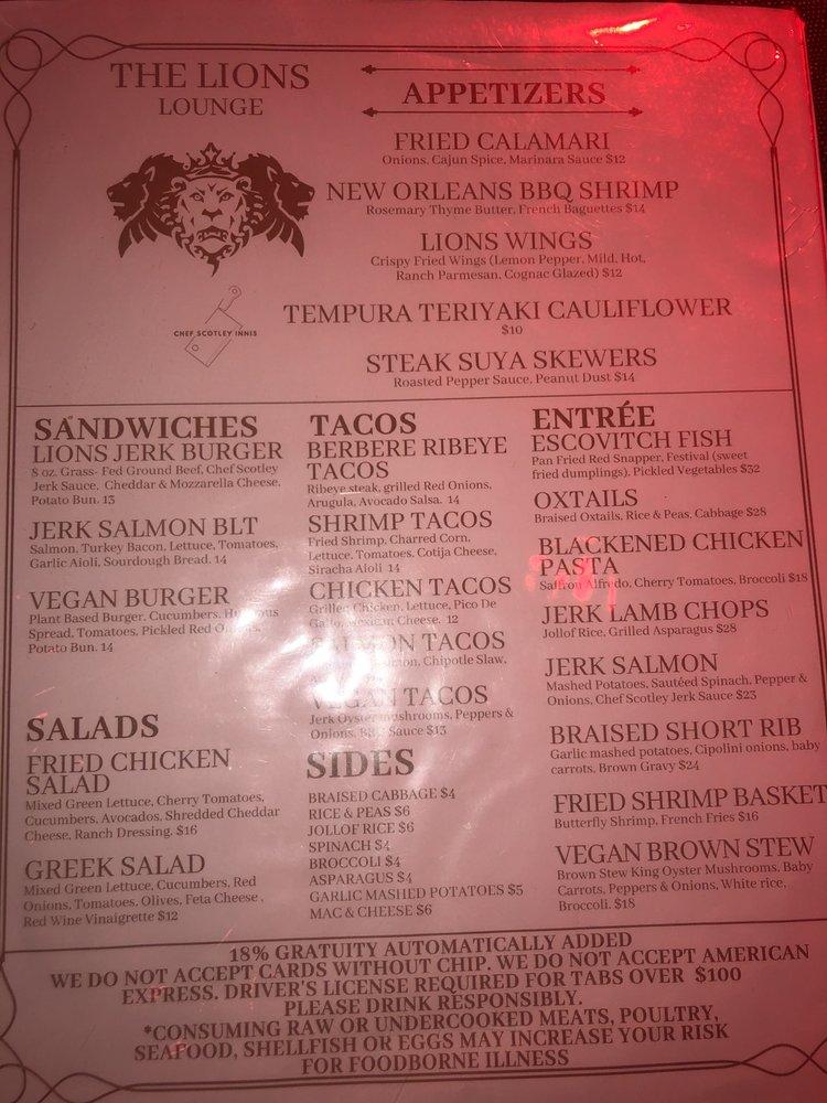 Menu at The Lions Restaurant and Hookha Lounge, Atlanta