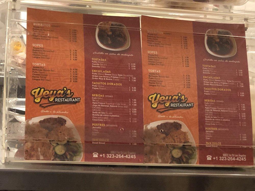 Carta de Yeya's Restaurant, Los Angeles