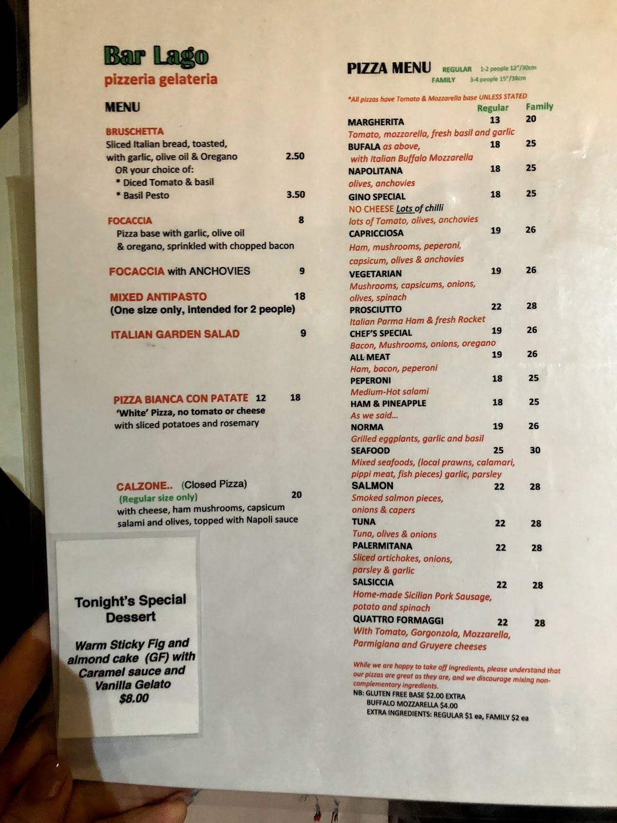 Menu at Bar Lago Pizzeria Gelateria, Carrara