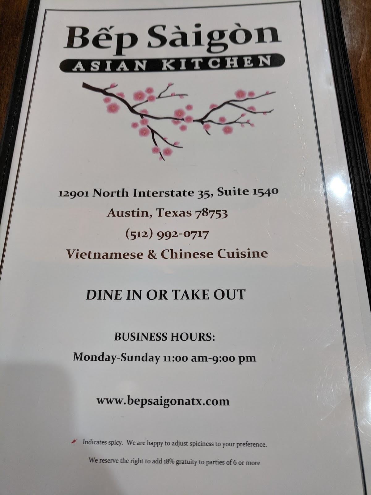 Menu at Bep Saigon restaurant, Austin