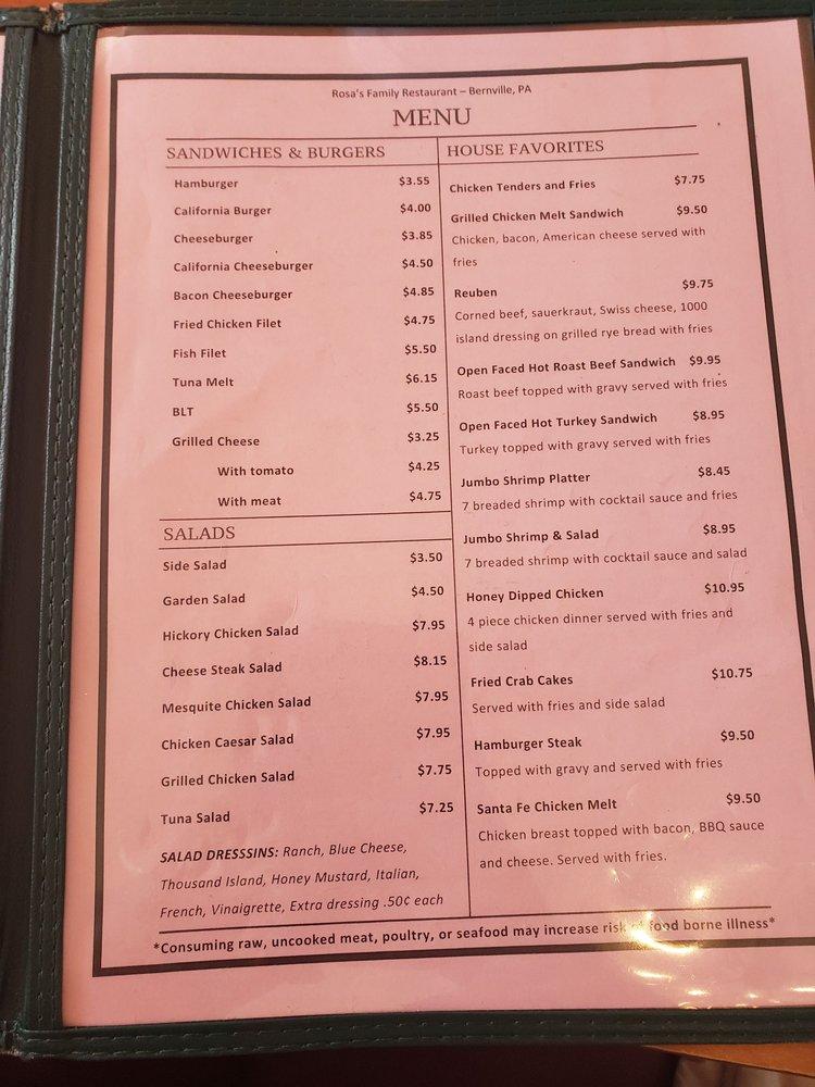 Menu at Rosa's Family Restaurants, Bernville