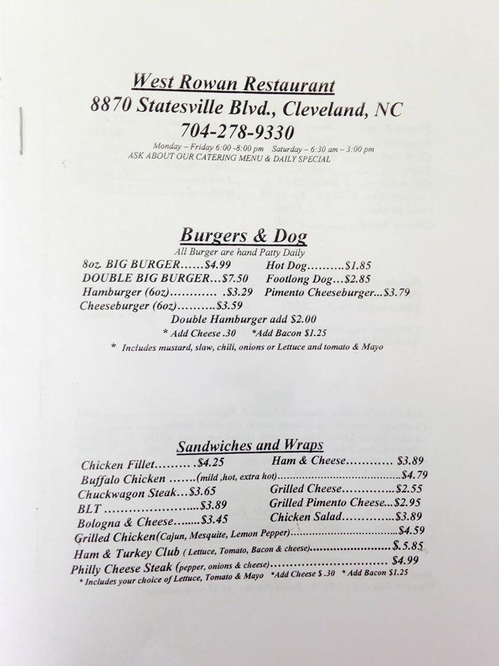 Menu at West Rowan Restaurant, Cleveland