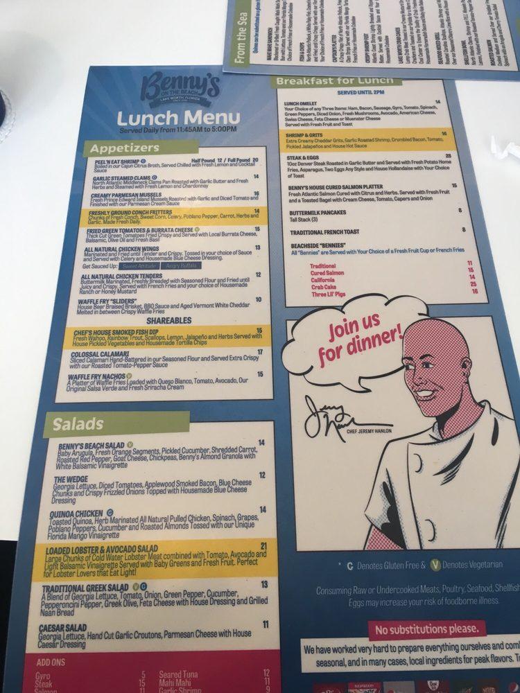 Menu at Benny's On The Beach - Pier pub & bar, Lake Worth