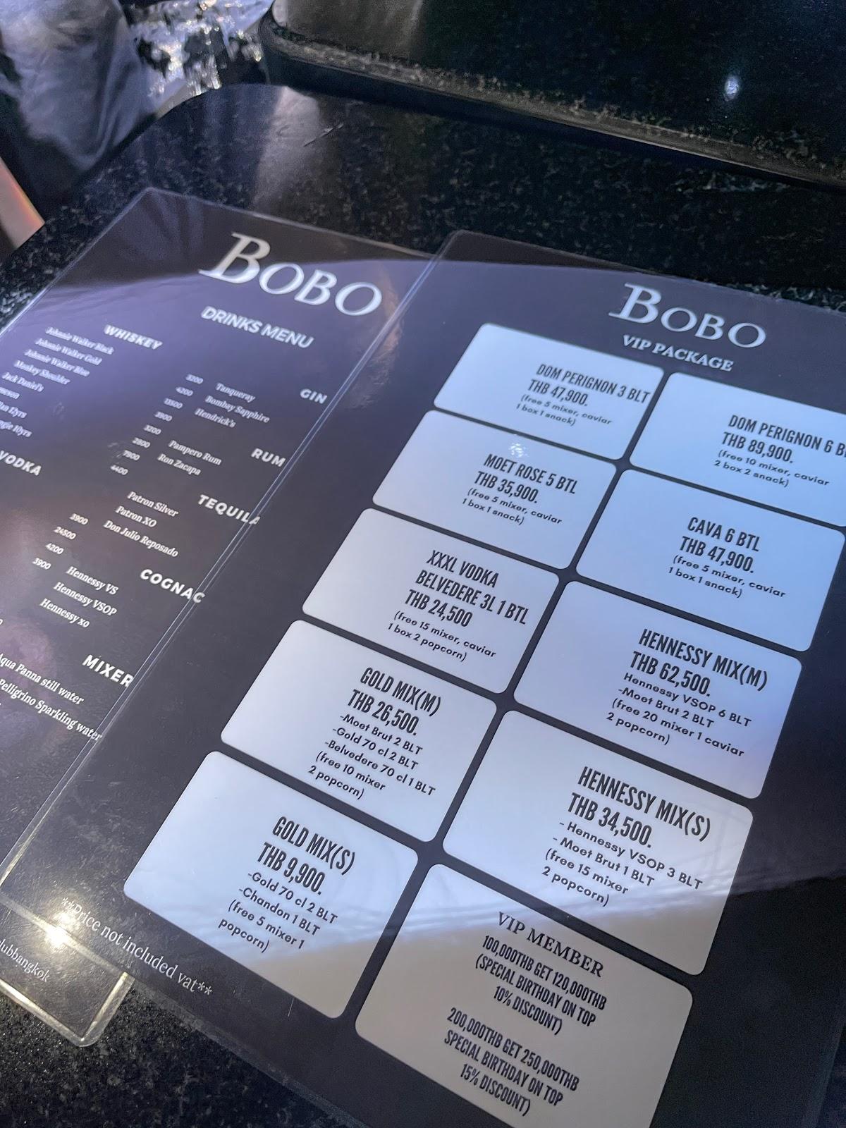 Menu at Bobo Club Bangkok, Bangkok
