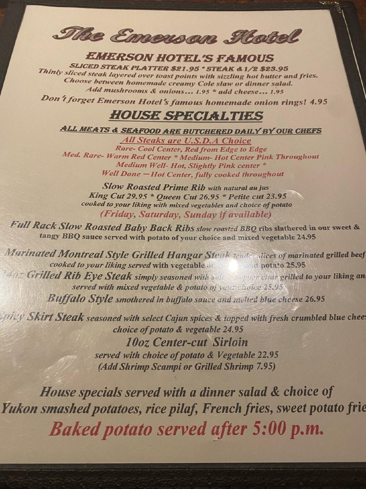 Menu at Emerson Hotel Restaurant & Bar, Emerson