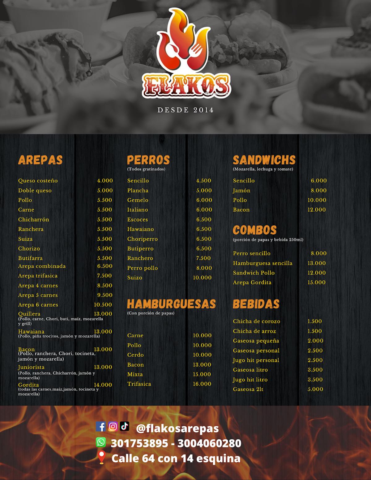 Menu at Flakos arepas restaurant, Barranquilla