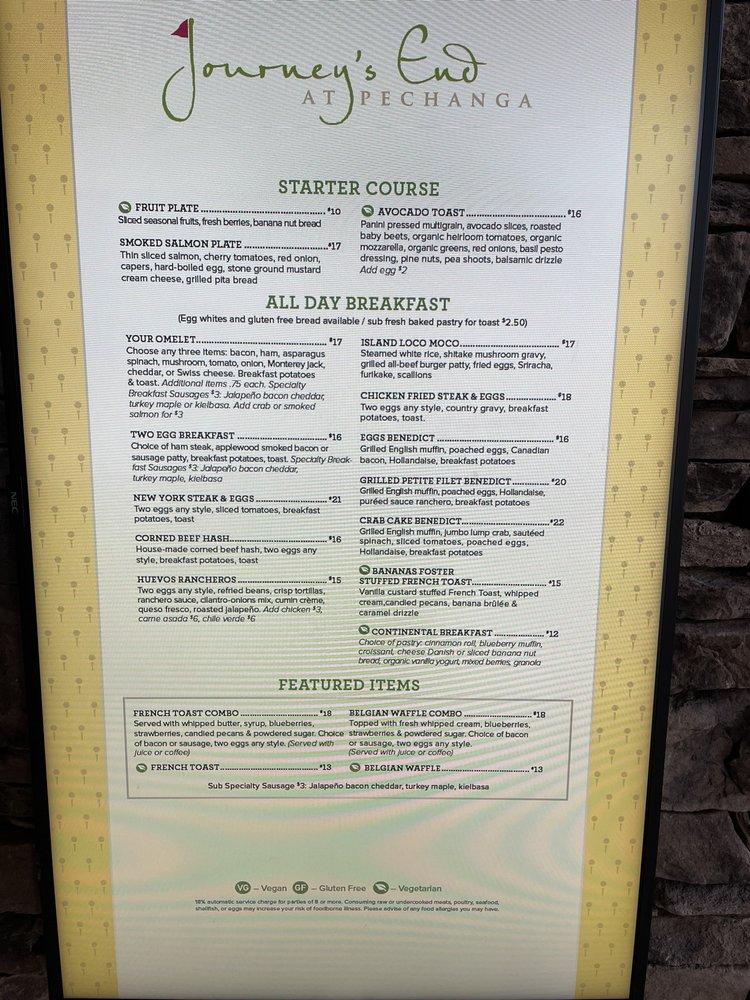 Menu at Journey's End cafe, Temecula, Pechanga Pkwy