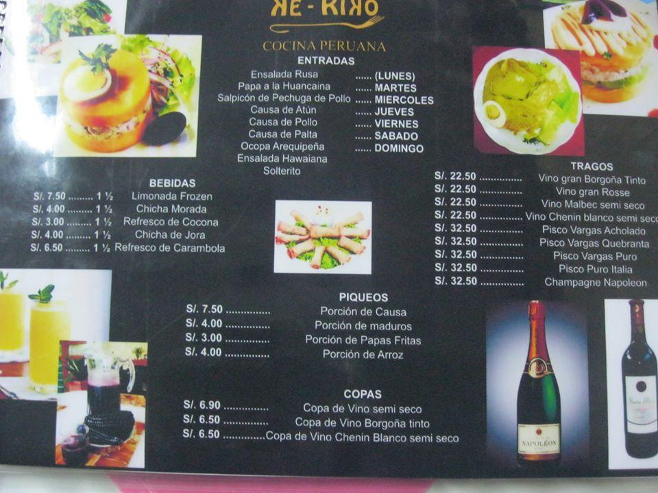 Menu at KE-RIKO restaurant, Peru