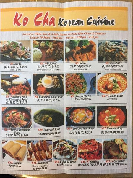 Menu at Ko Cha Korean Restaurant, Charleston
