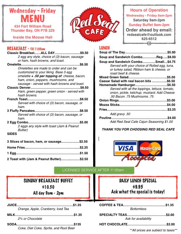 Menu at Red Seal Cafe, Thunder Bay
