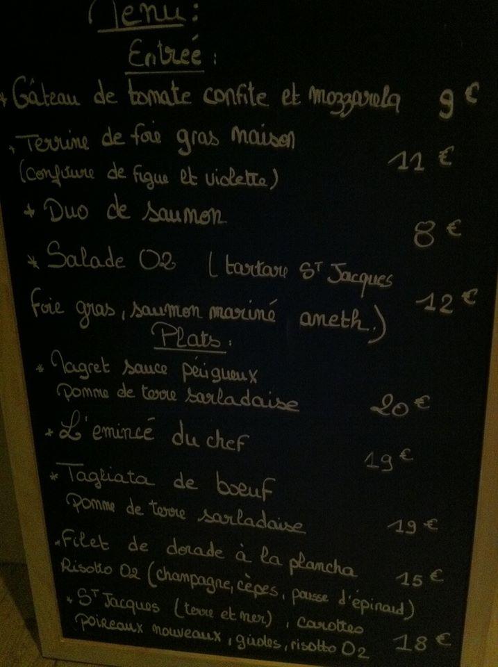 Menu at Restaurant O2, Périgueux