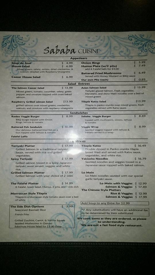 Menu at Sababa Cuisine restaurant, South Euclid