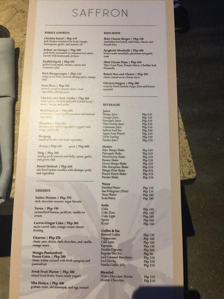 Menu at Saffron Restaurant, Panglao