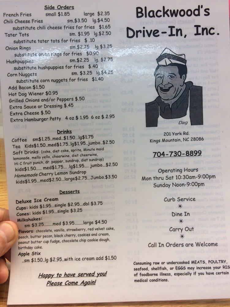 Menu at Blackwood's Drive-In restaurant, Kings Mountain