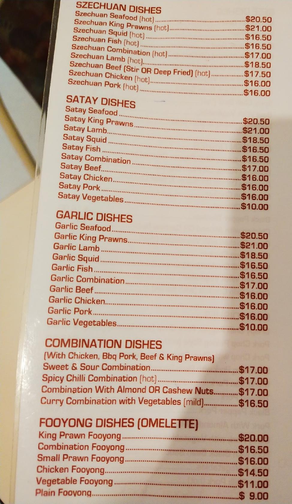 Menu at Macau Cuisine restaurant, Northam