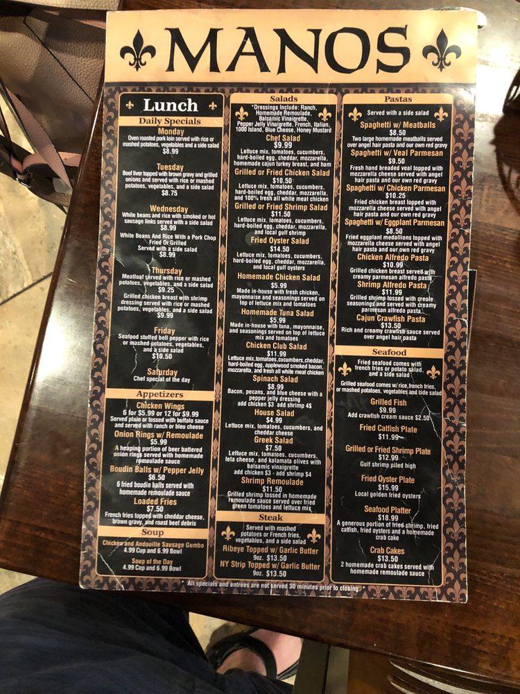 Menu at Mano's Po-Boys restaurant, Metairie