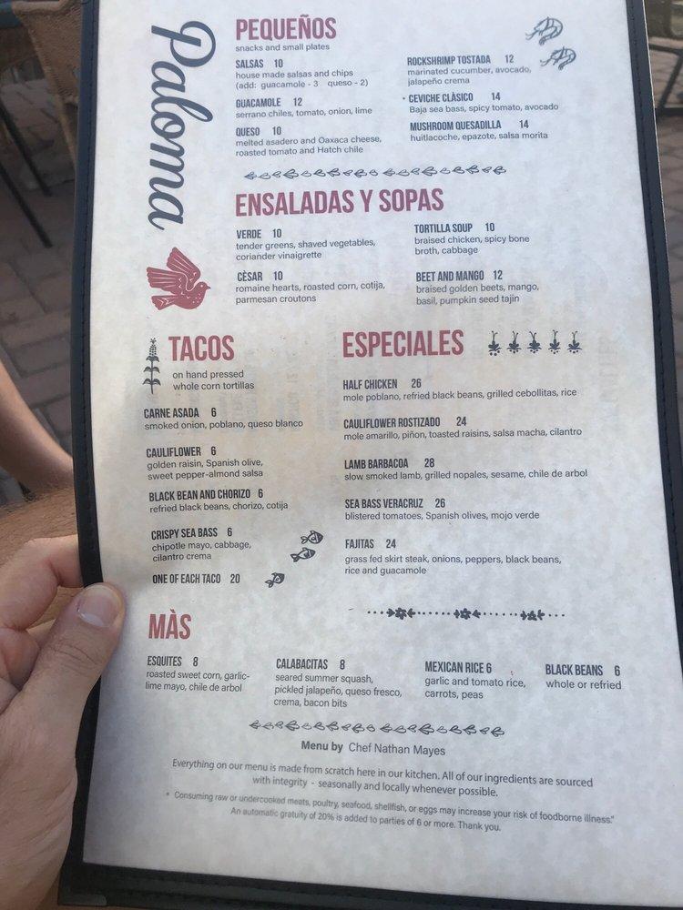 Menu at Paloma Restaurant, Santa Fe