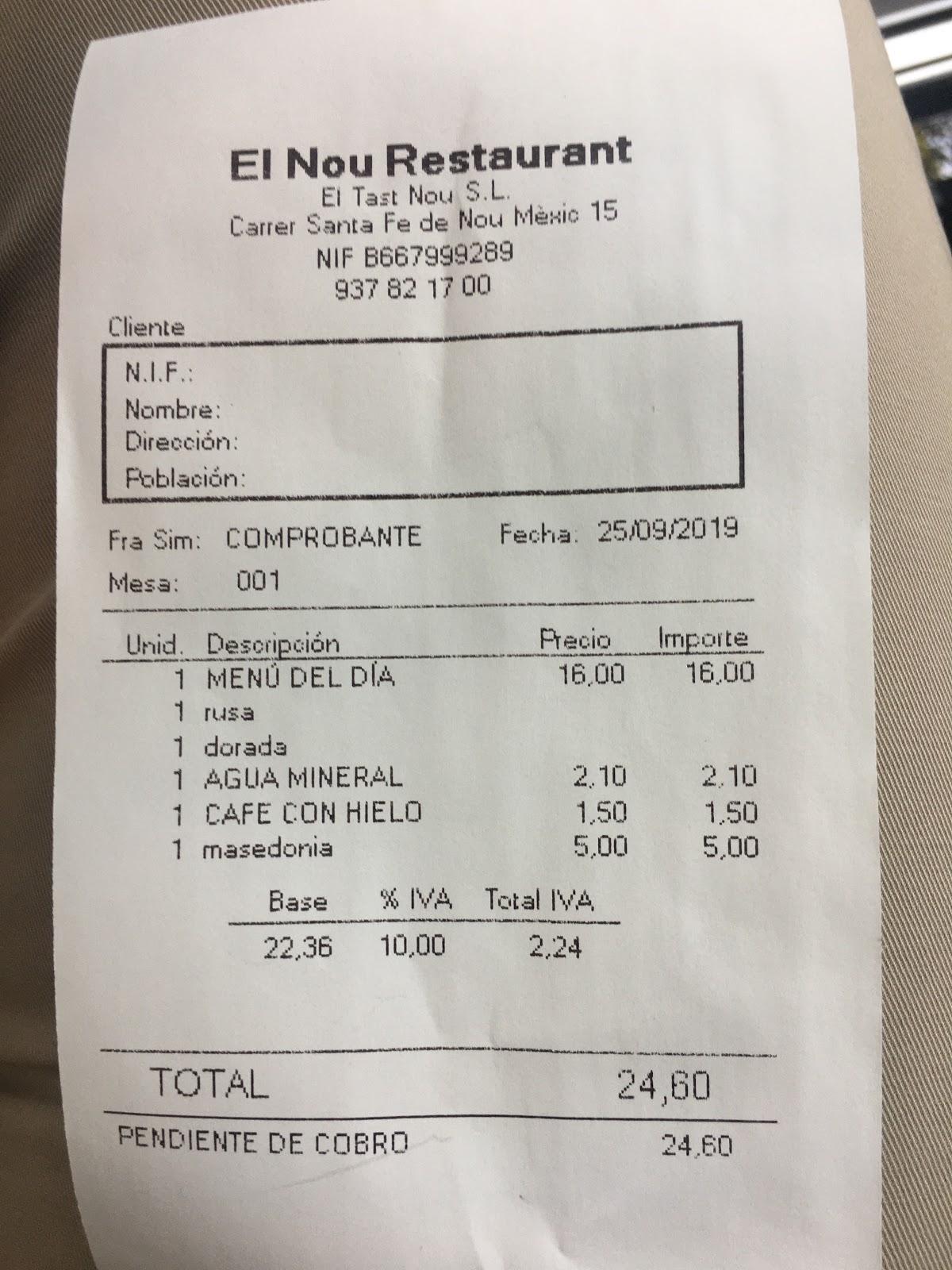 Menu at Restaurant El Nou, Barcelona, C. de Santa Fe de Nou Mèxic