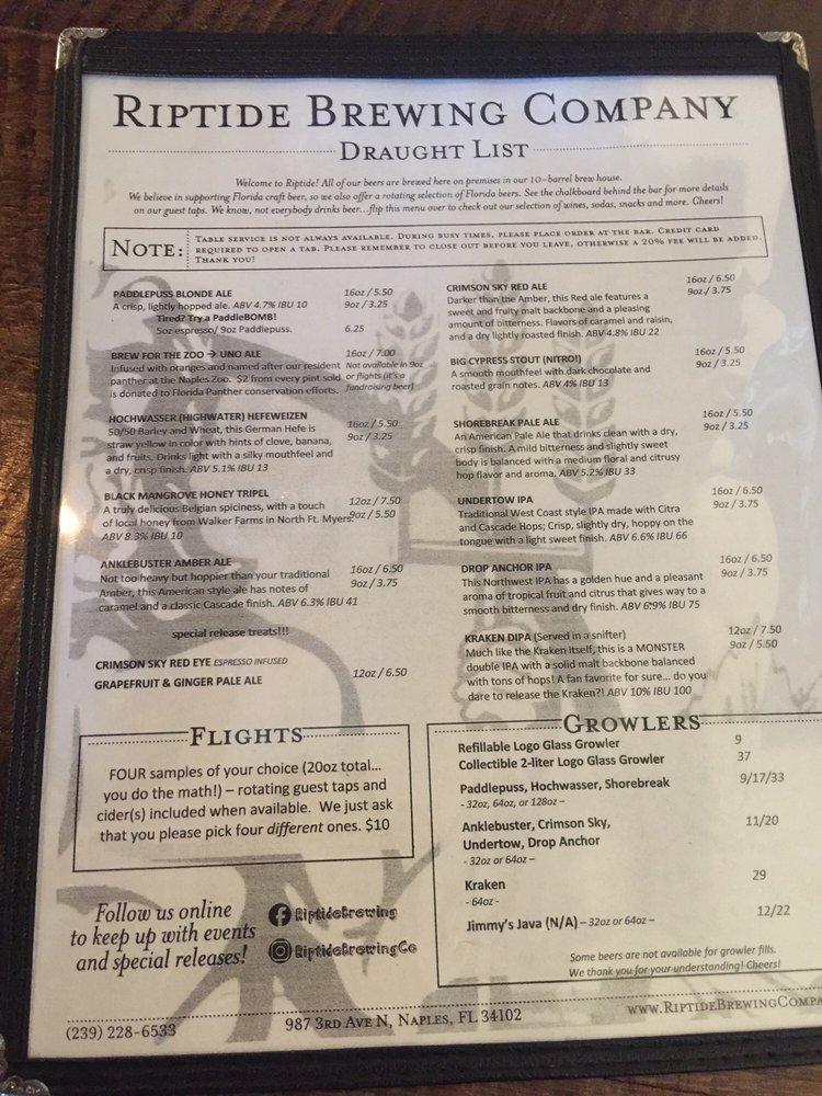 Menu at Riptide Brewing Company pub & bar, Naples