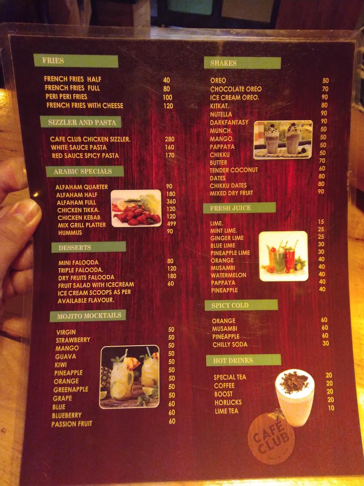 Menu at Cafe club, Taliparamba