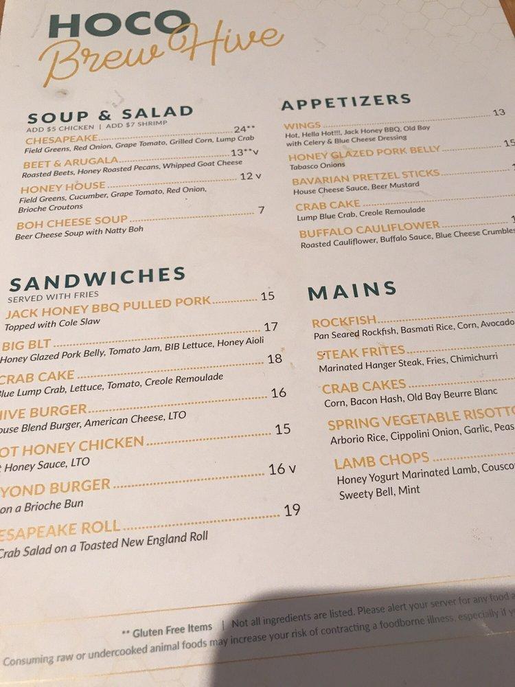 Menu at HoCo Brew Hive restaurant, Ellicott City