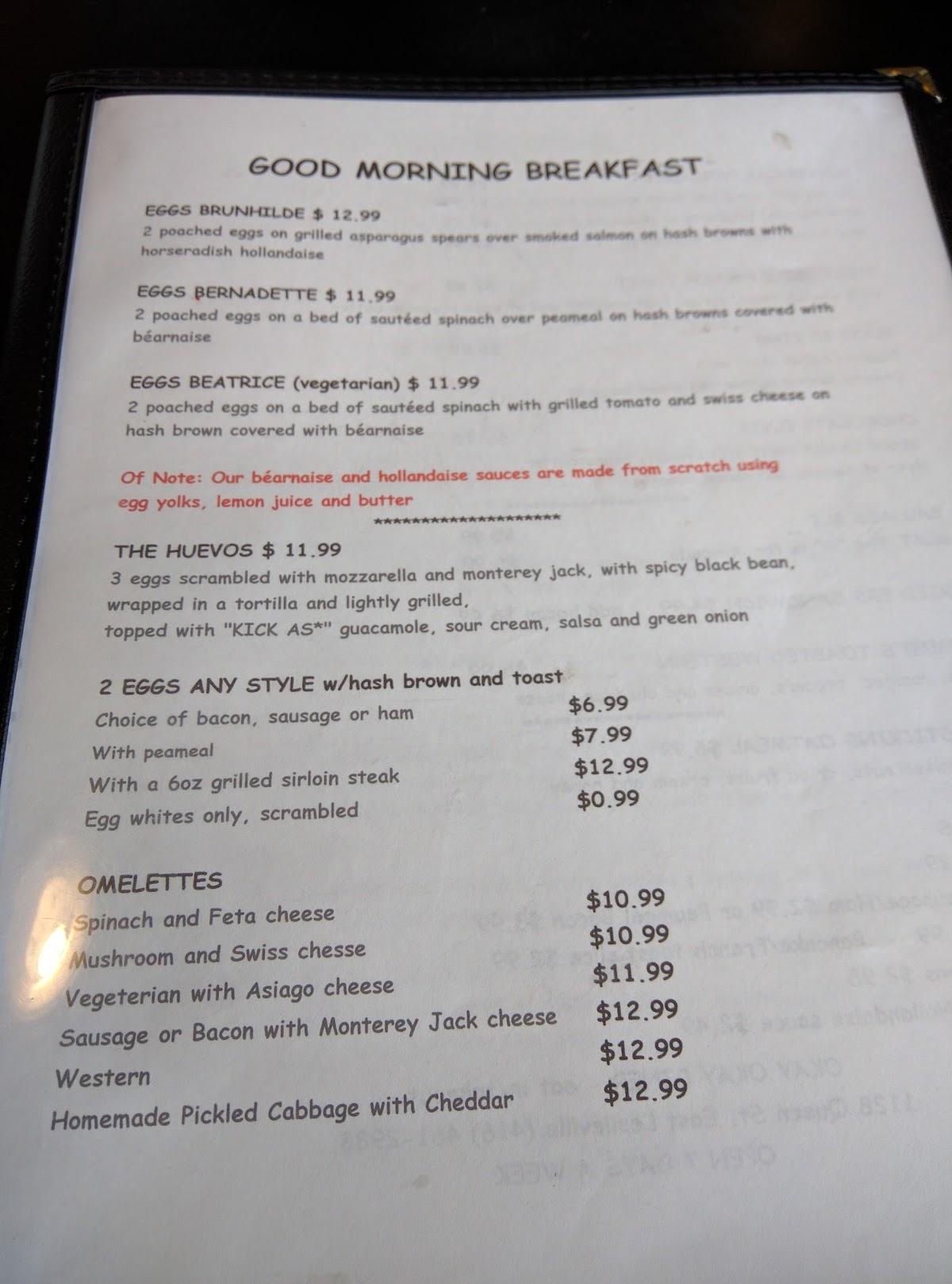 Menu at Okay Okay Diner cafe, Toronto