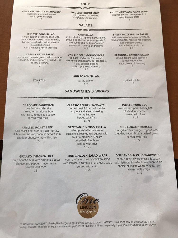 Menu at One Lincoln pub & bar, Gettysburg