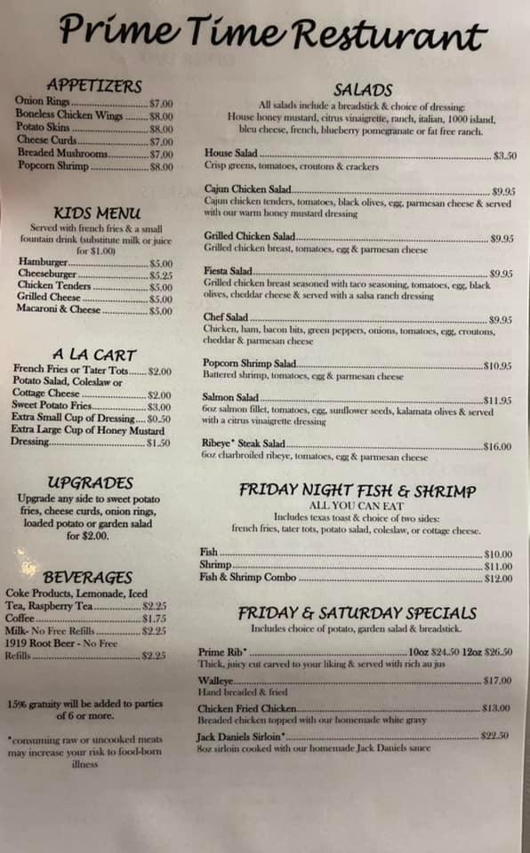 Menu at PrimeTime pub & bar, Guthrie Center