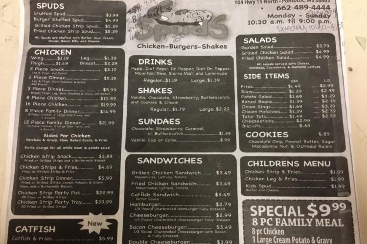 Menu at Spuds restaurant, Pontotoc