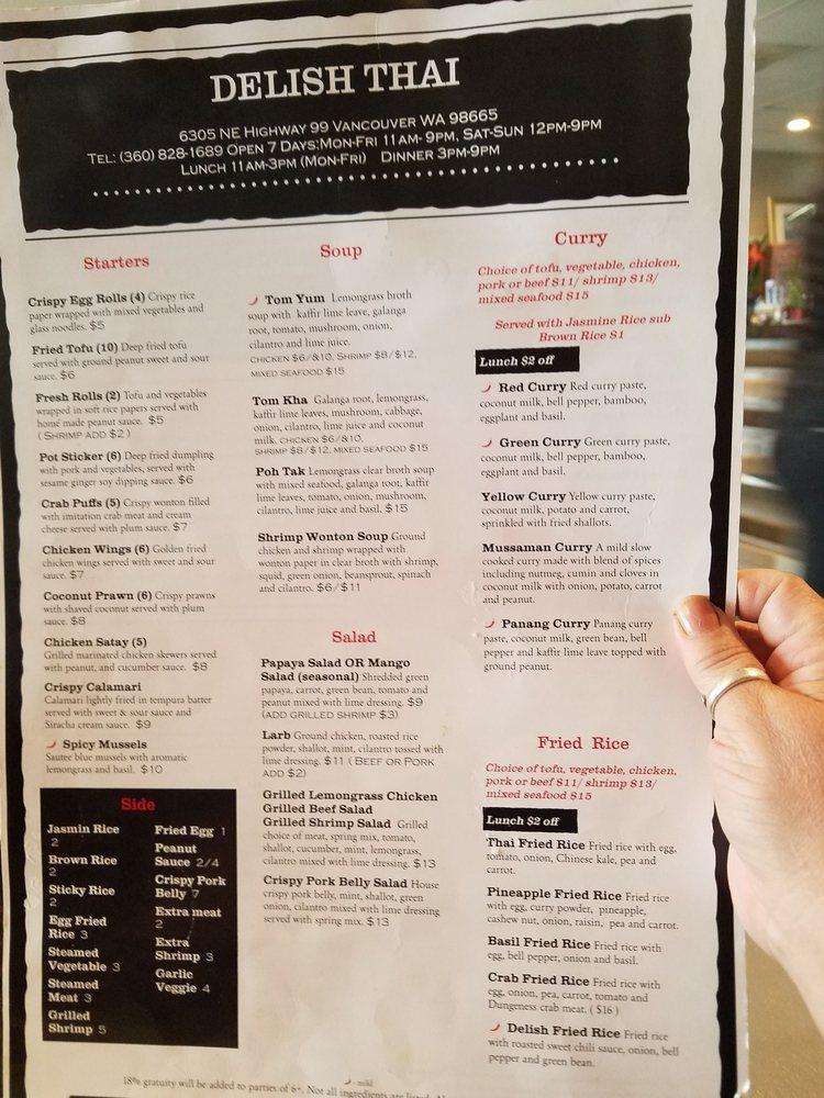 Menu at Delish Thai restaurant, Vancouver