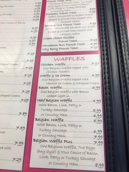 Menu at Kate's Pancake House restaurant, Carolina Beach