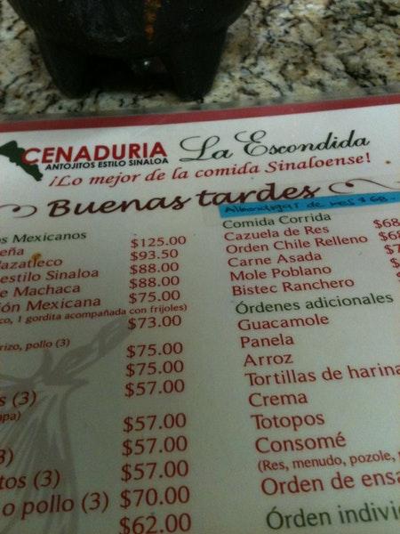 Menu at Cenaduria La Escondida restaurant, Tijuana, Blvd Agua Caliente ...