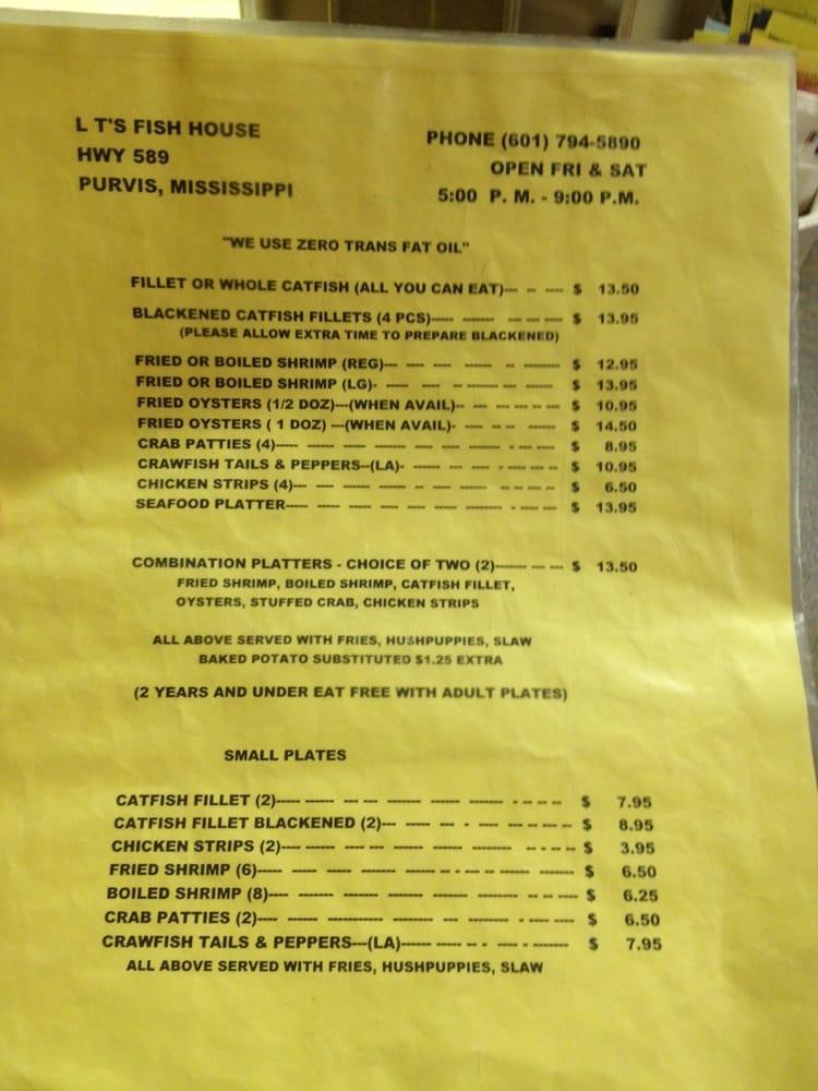 Menu at Lt's Fish House restaurant, Purvis