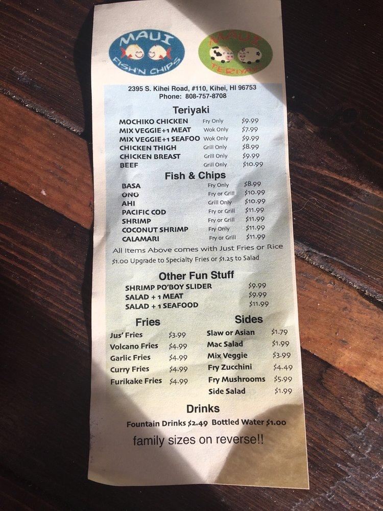 Menu at Maui Fish'n Chips restaurant, Kihei