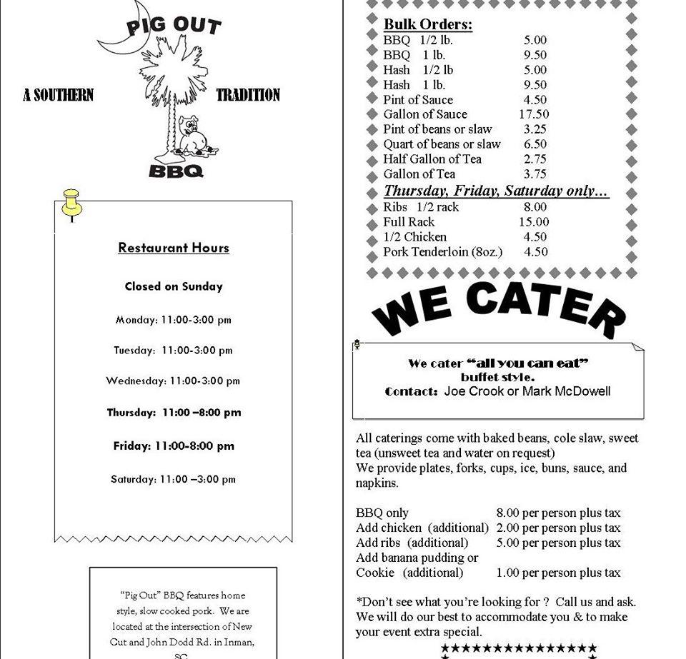 Menu at Pig Out BBQ, Wellford, New Cut Rd