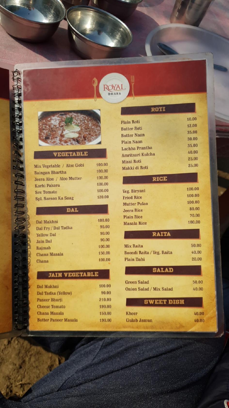 Menu at Royal Dhaba, Lahorimal
