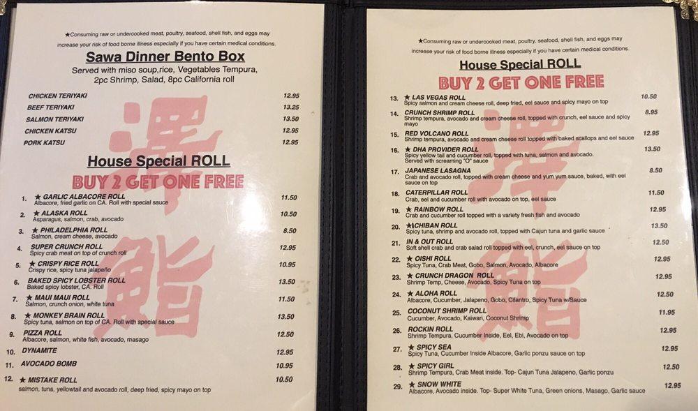 Menu at Sawa sushi restaurant, Las Vegas, Blue Diamond Rd suite 104