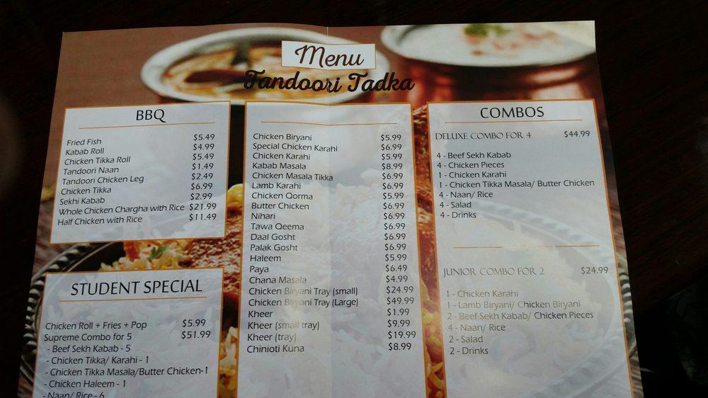 Menu at Tandoori Tadka restaurant, Brampton