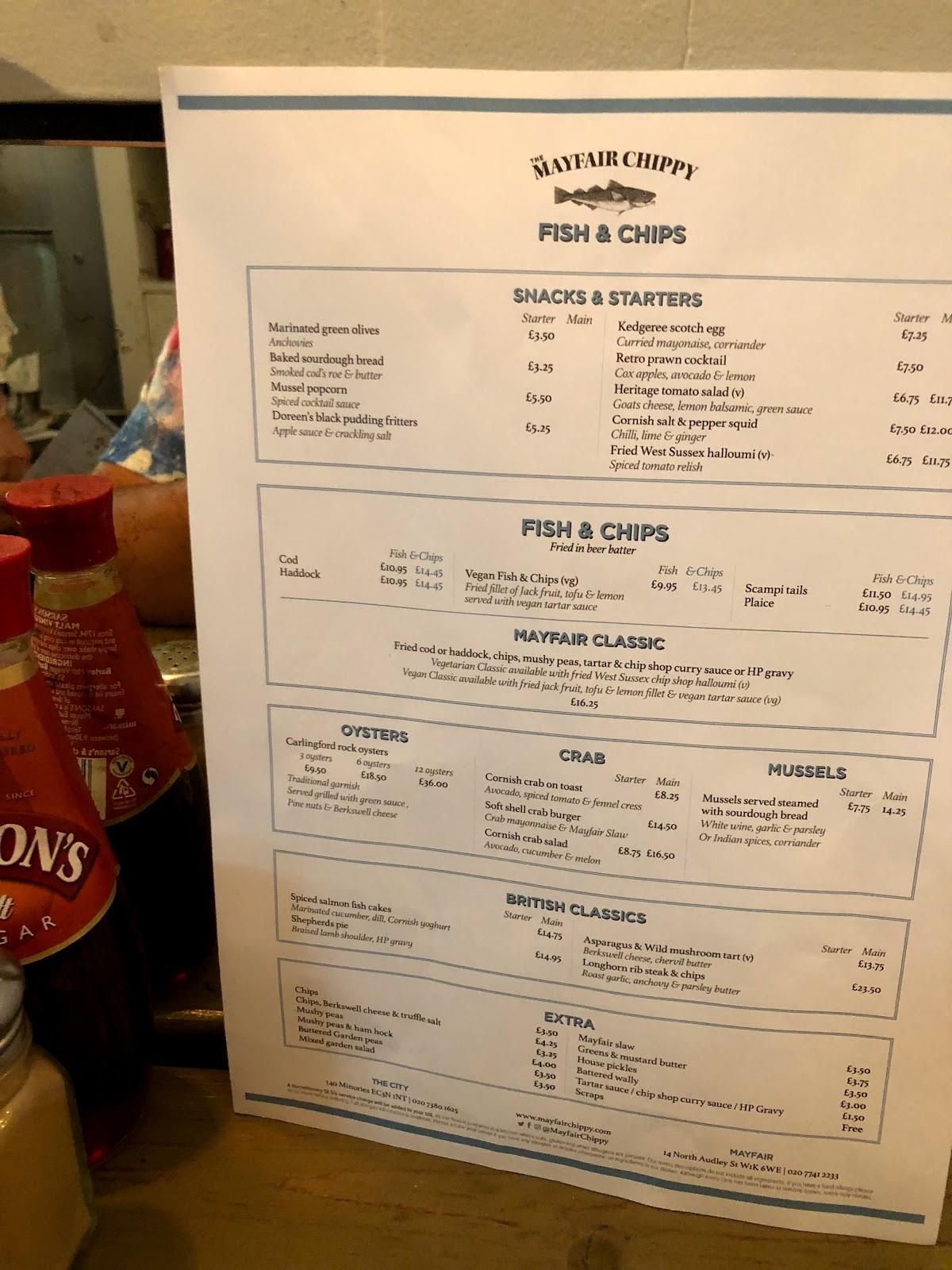 Menu at The Mayfair Chippy restaurant, London, 14 N Audley St
