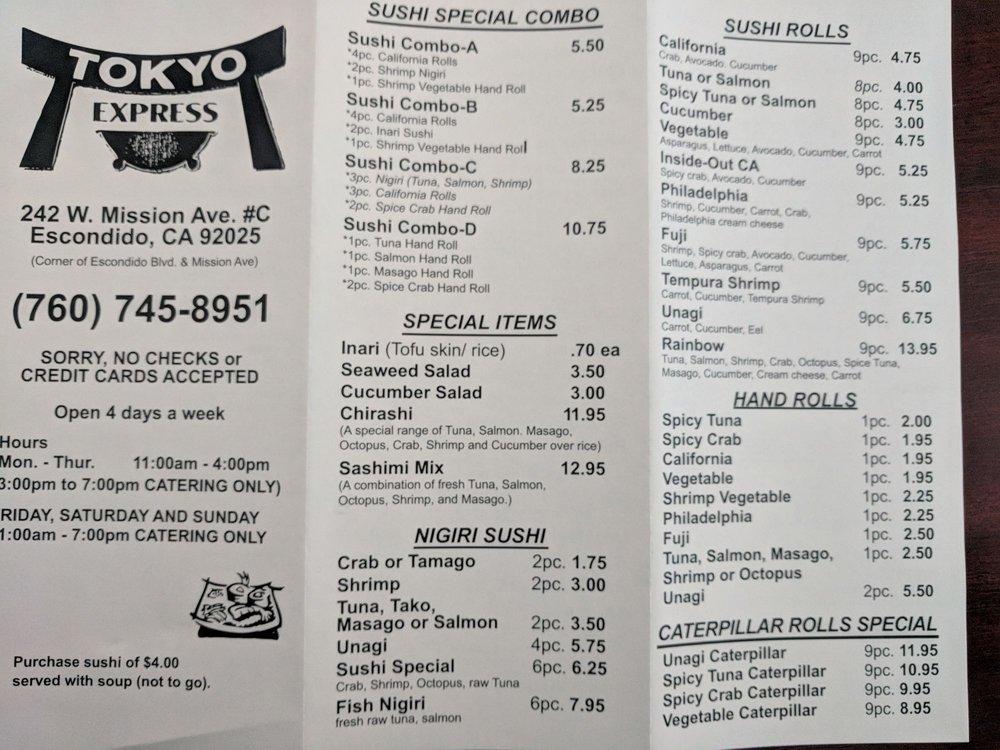 Menu at Tokyo Express restaurant, Escondido, 242 W Mission Ave # C