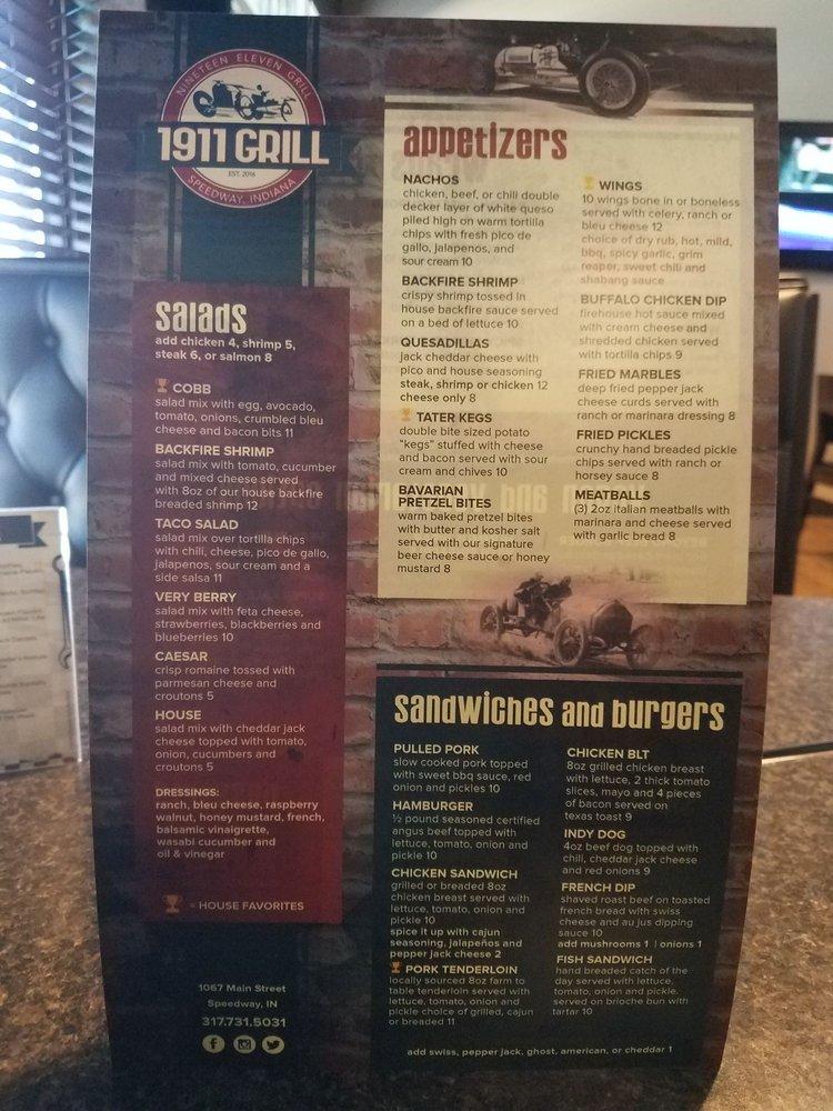 Menu at 1911 Grill restaurant, Speedway