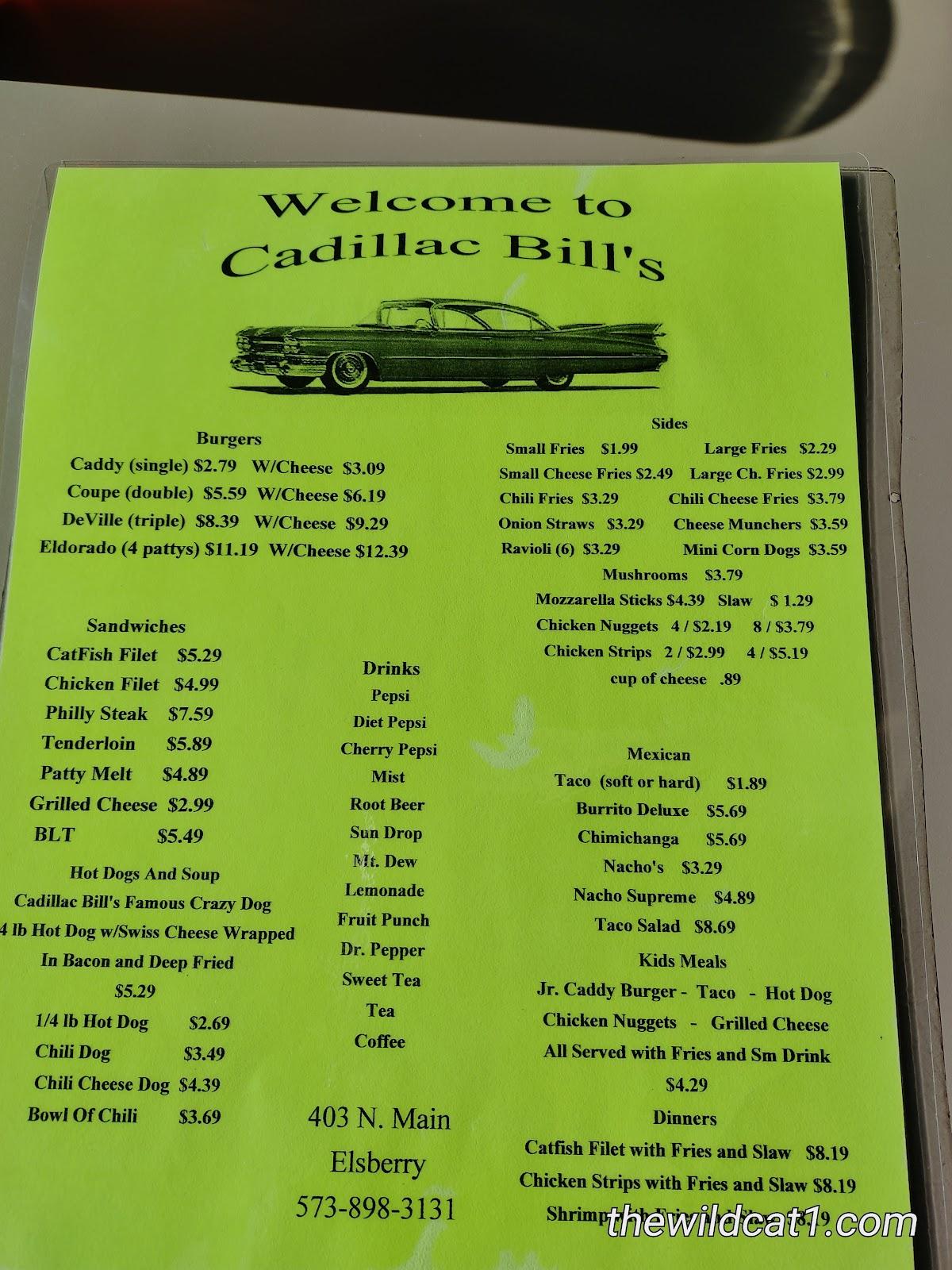 Menu at Cadillac Bill's restaurant, Elsberry