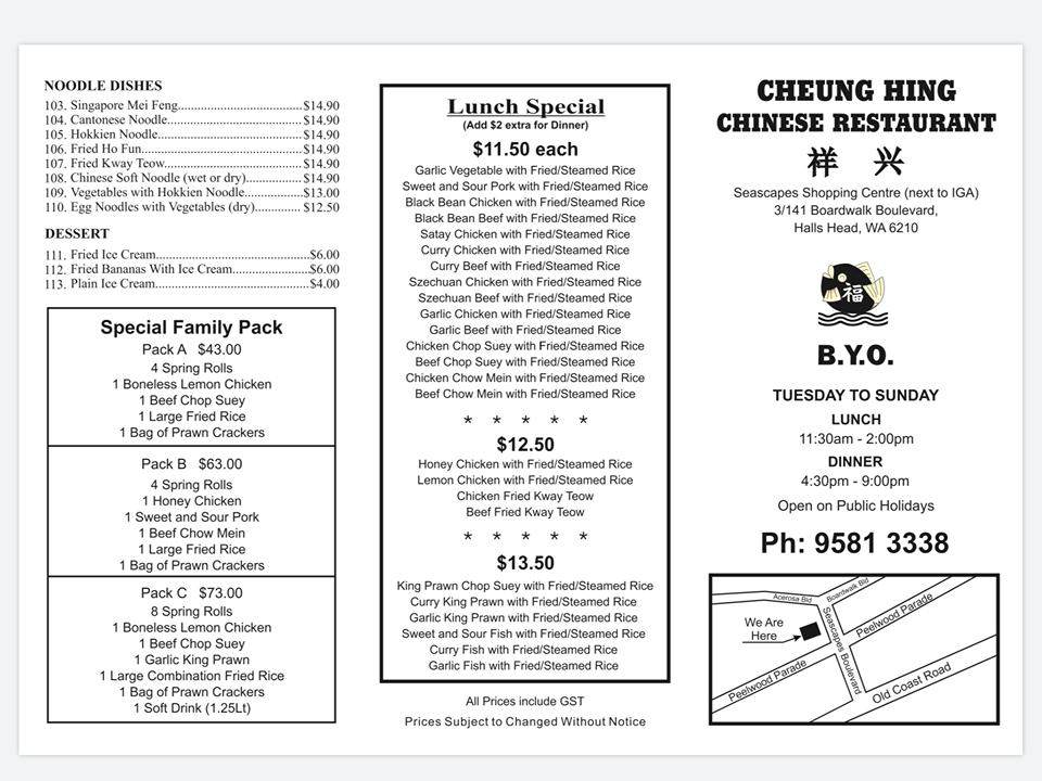 Menu at Cheung Hing Chinese Restaurant, Halls Head