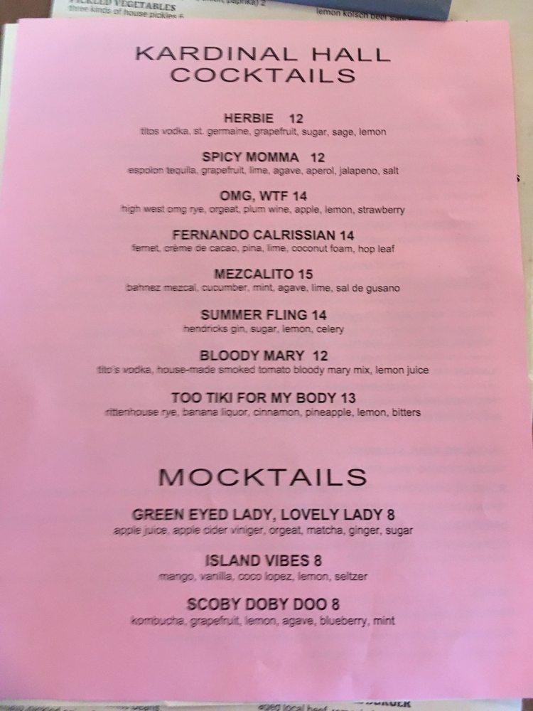 Menu at Kardinal Hall pub & bar, Charlottesville