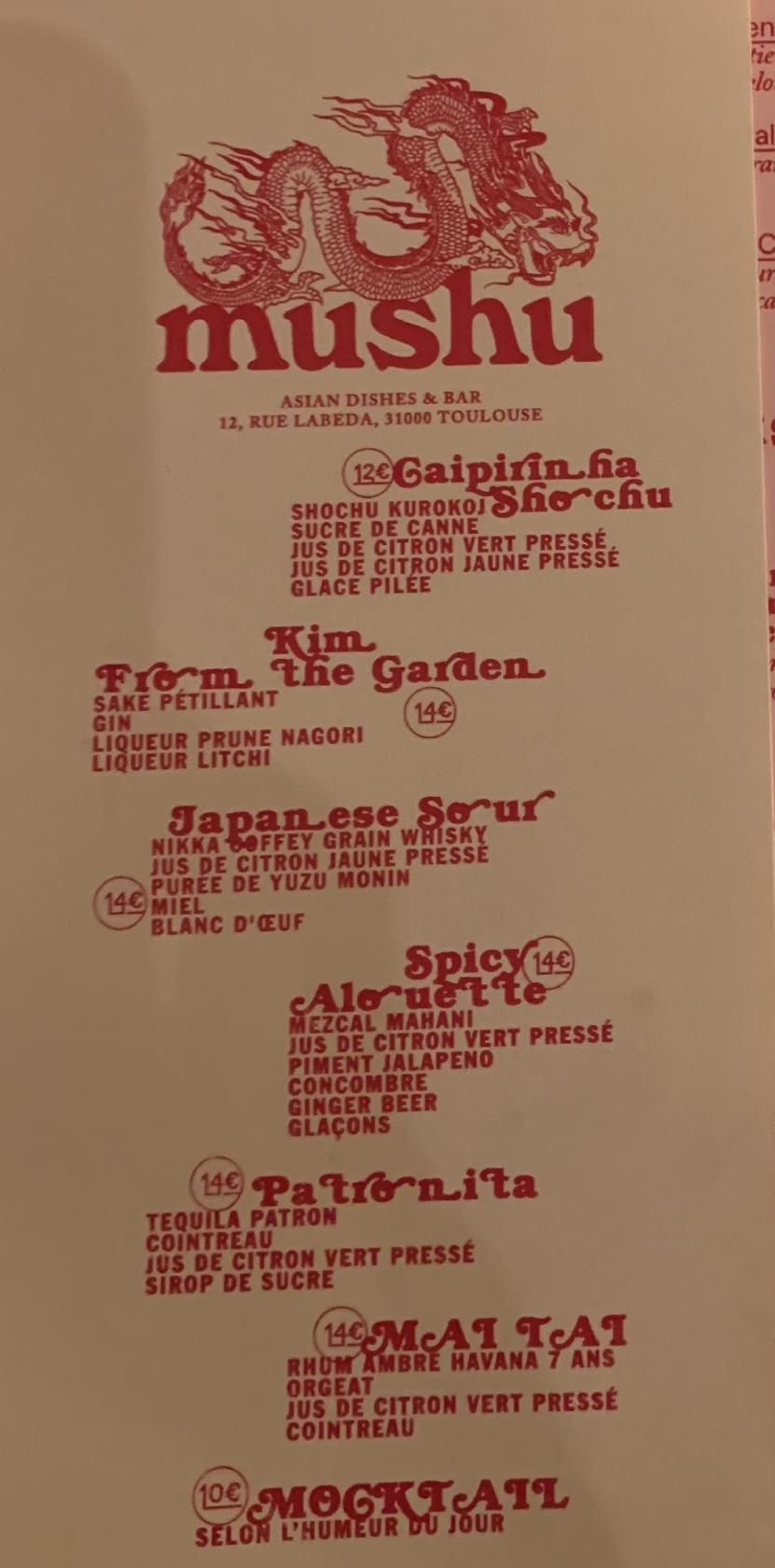 Menu au Mushu restaurant, Toulouse