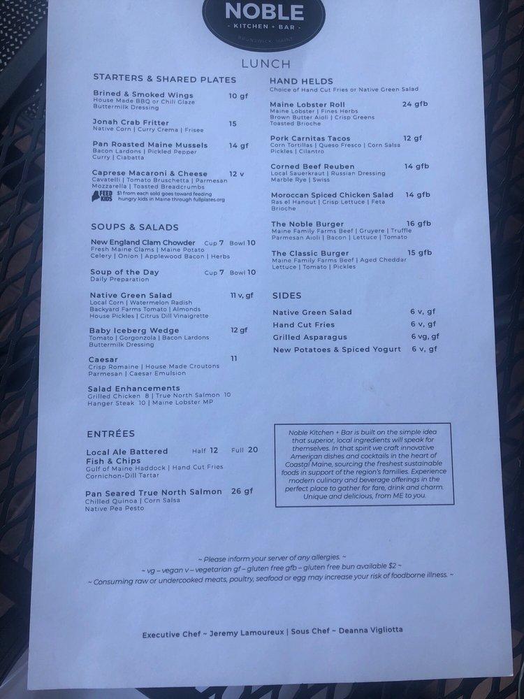 Menu at Noble Kitchen + Bar, Brunswick